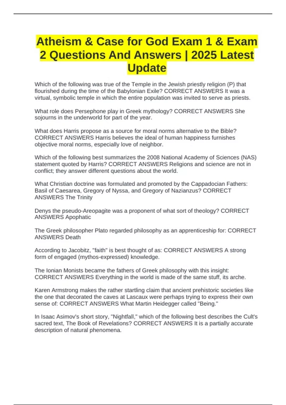 Atheism & Case for God Exam 1 & Exam 2 Questions And Answers | 2025 ...