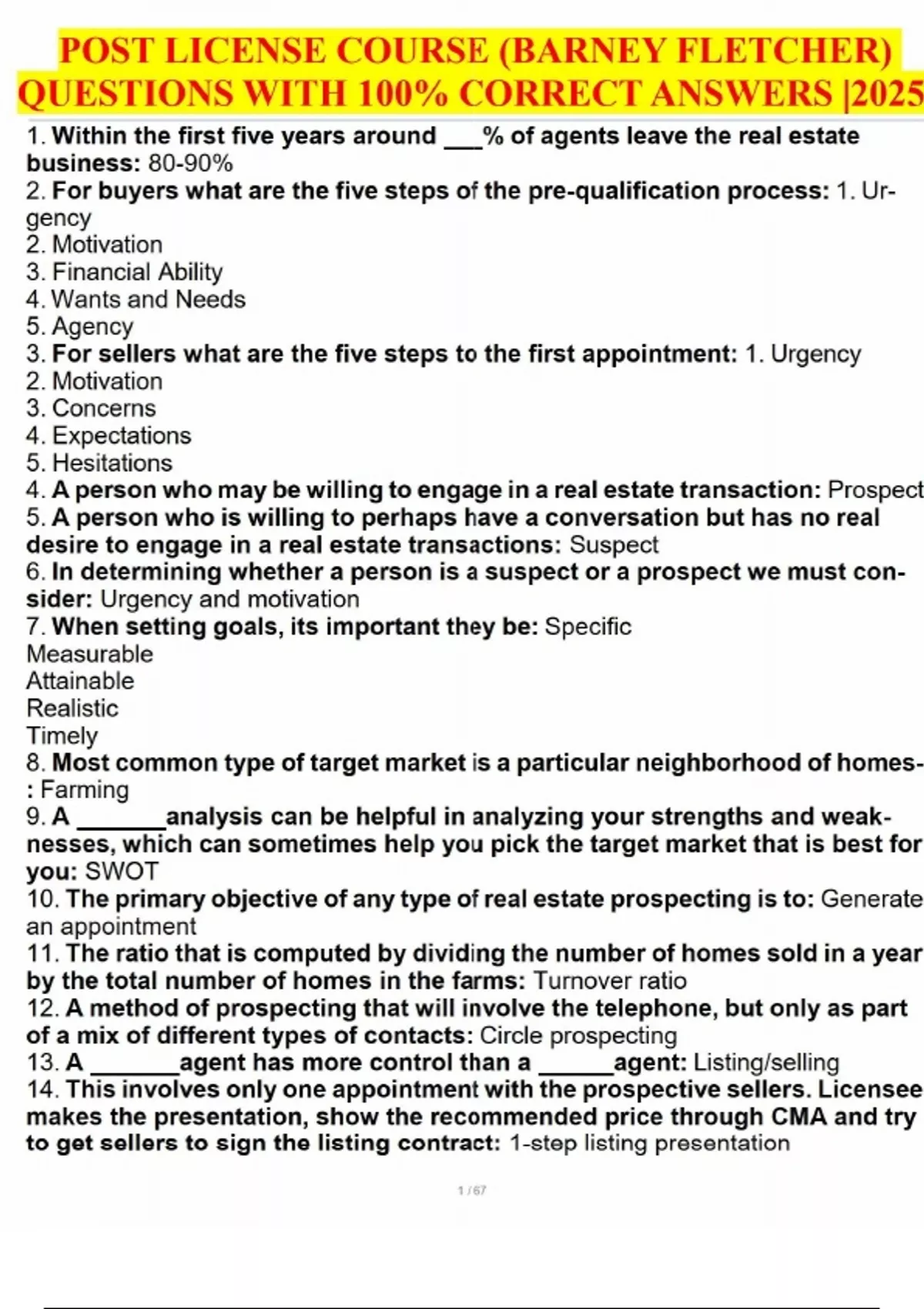 POST LICENSE COURSE (BARNEY FLETCHER) QUESTIONS WITH 100% CORRECT ANSWERS |2025| - POST LICENSE ...