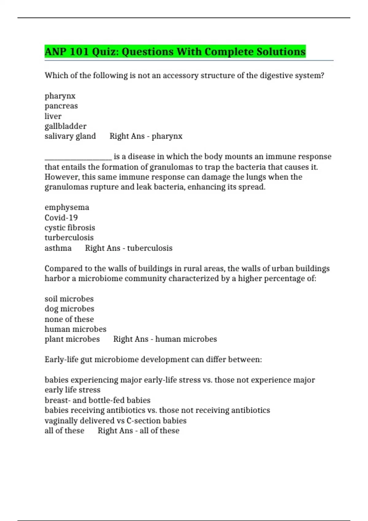 ANP 101 Quiz: Questions With Complete Solutions - ANP 101 - Stuvia US