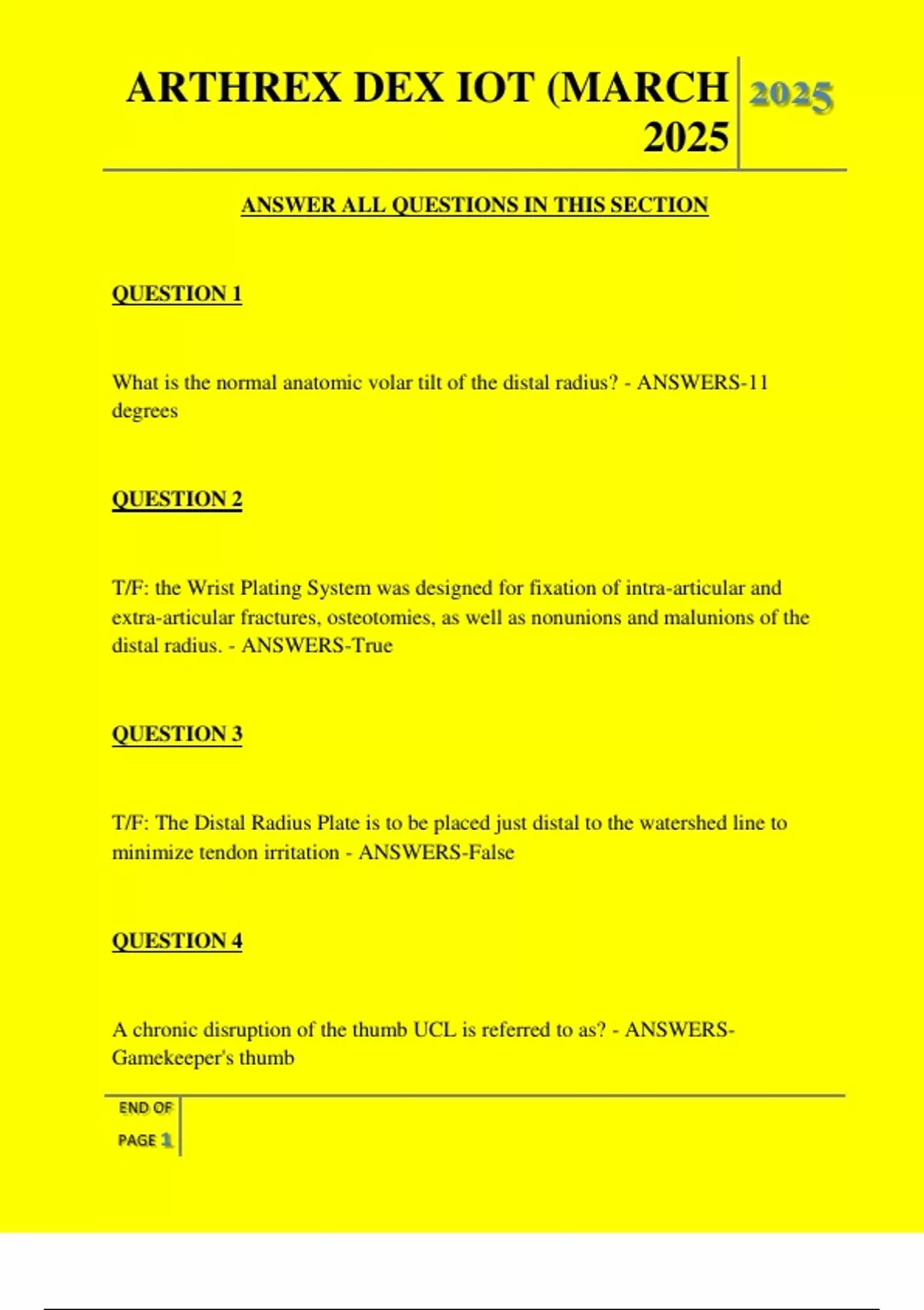 ARTHREX DEX IOT (MARCH 2025 QUESTIONS AND ANSWERS 2025 - ARTHREX DEX ...