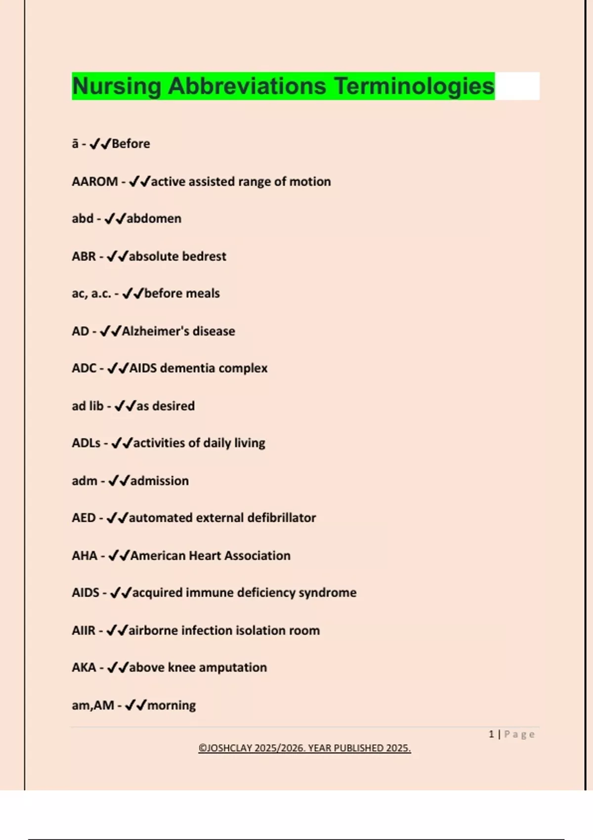Nursing Abbreviations Terminologies - Nursing - Stuvia US