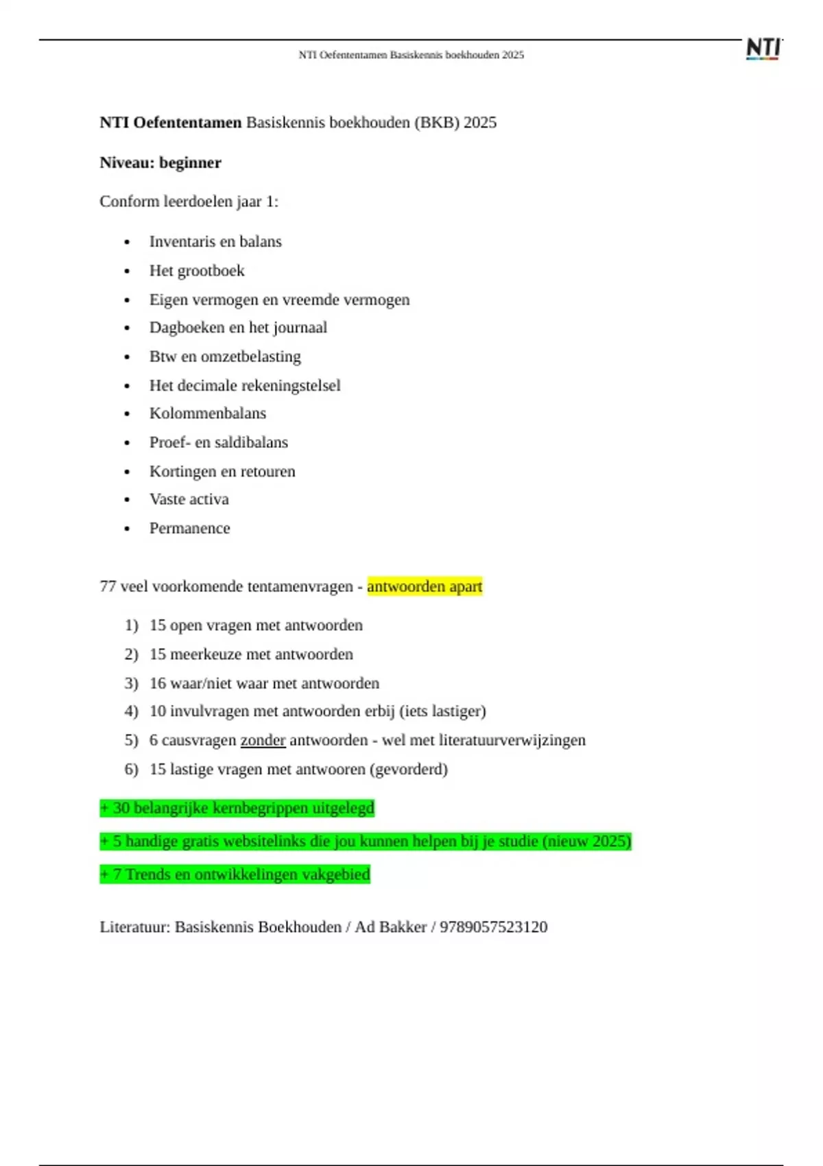 NTI Basiskennis Boekhouden oefentoets veel voorkomende vragen en ...