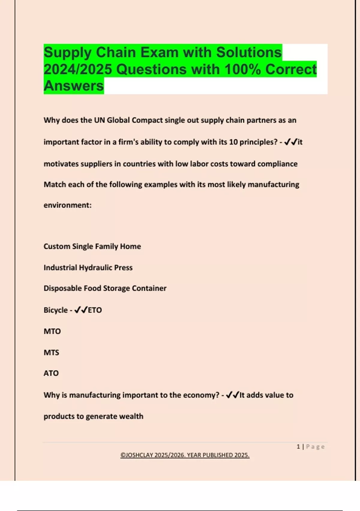 Supply Chain Exam with Solutions 2024/2025 Questions with 100% Correct ...