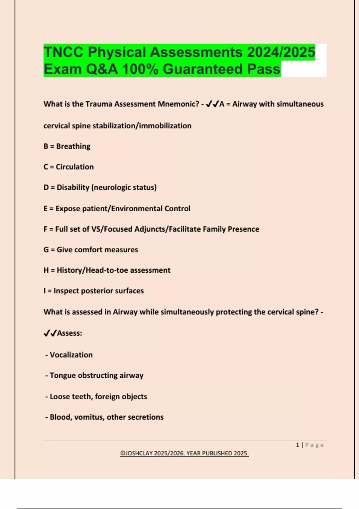 TNCC Physical Assessments 2024/2025 Exam Q&A 100% Guaranteed Pass ...