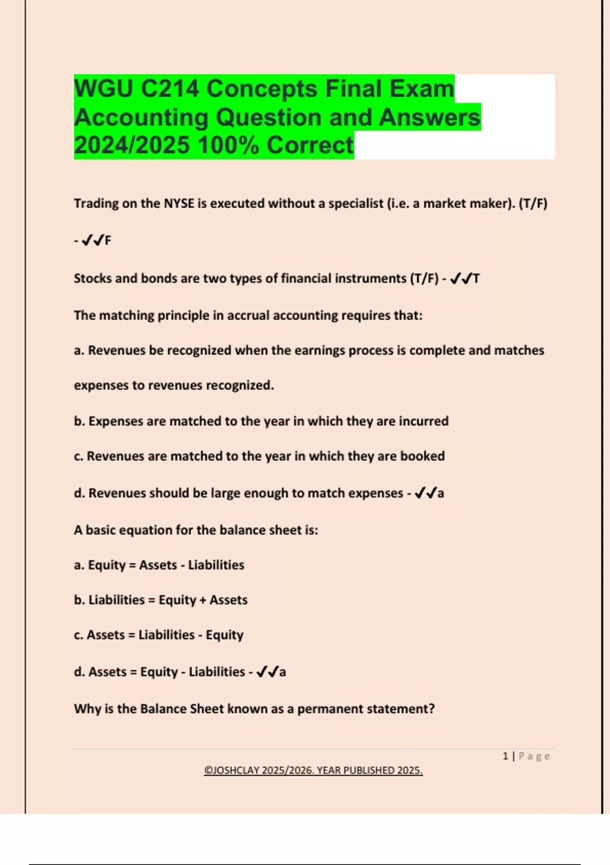 WGU C214 Concepts Final Exam Accounting Question and Answers 2024/2025 100% Correct - WGU C214 ...