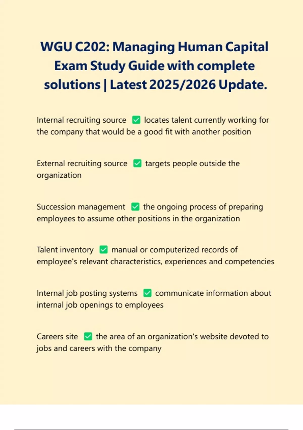 WGU C202: Managing Human Capital Exam Study Guide with complete ...