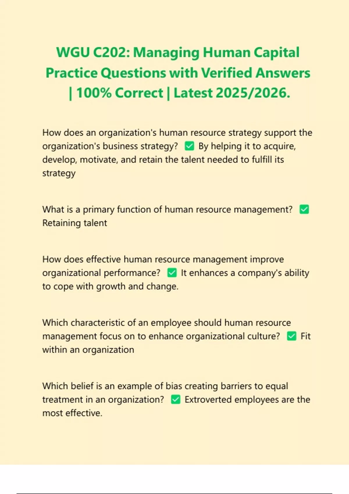 WGU C202: Managing Human Capital Practice Questions with Verified Answers | 100% Correct ...