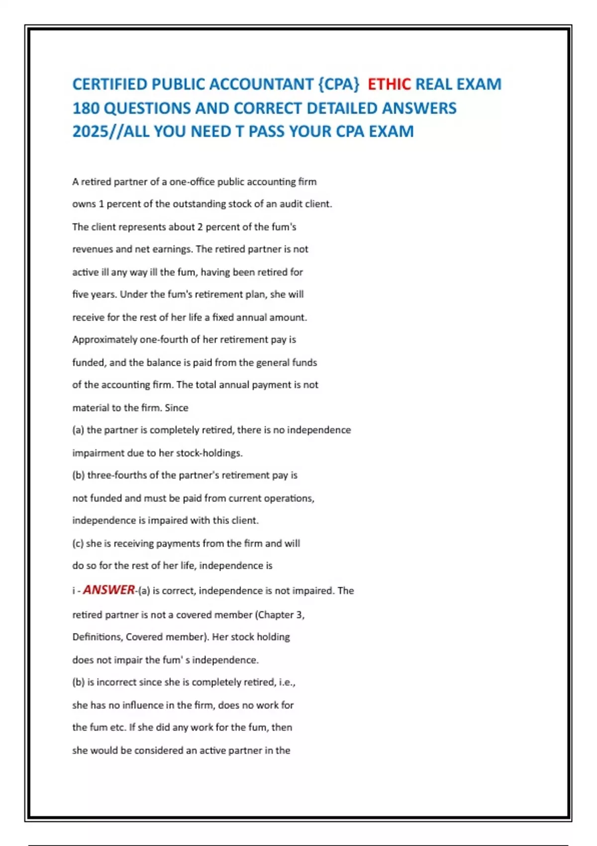 CERTIFIED PUBLIC ACCOUNTANT {CPA} ETHIC REAL EXAM 180 QUESTIONS AND ...