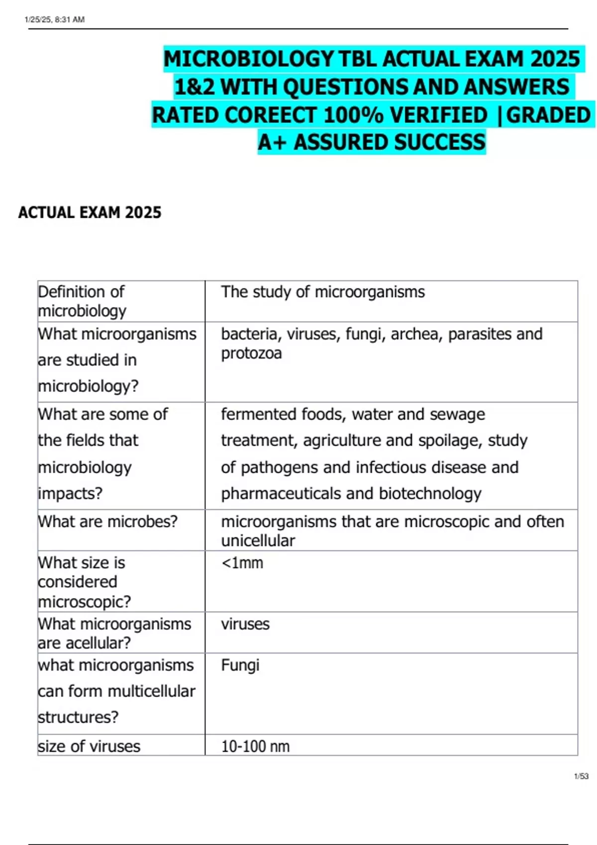 MICROBIOLOGY TBL ACTUAL EXAM 2025 1&2 WITH QUESTIONS AND ANSWERS RATED ...