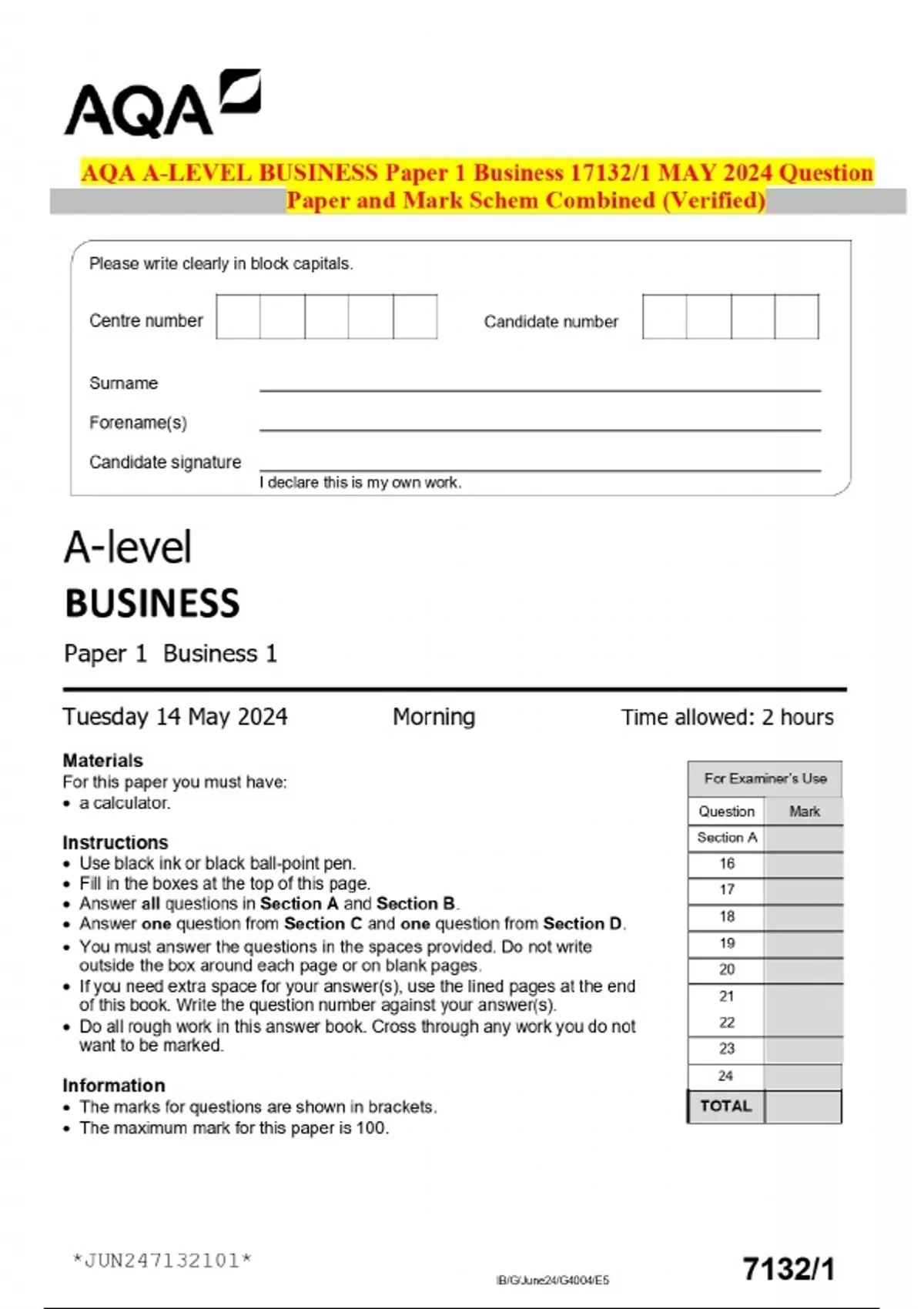 AQA A-LEVEL BUSINESS Paper 1 Business 17132/1 MAY 2024 Question Paper and Mark Schem Combined ...