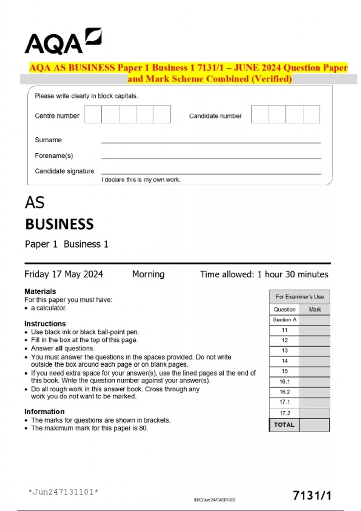AQA AS BUSINESS Paper 1 Business 1 7131/1 – JUNE 2024 Question Paper ...