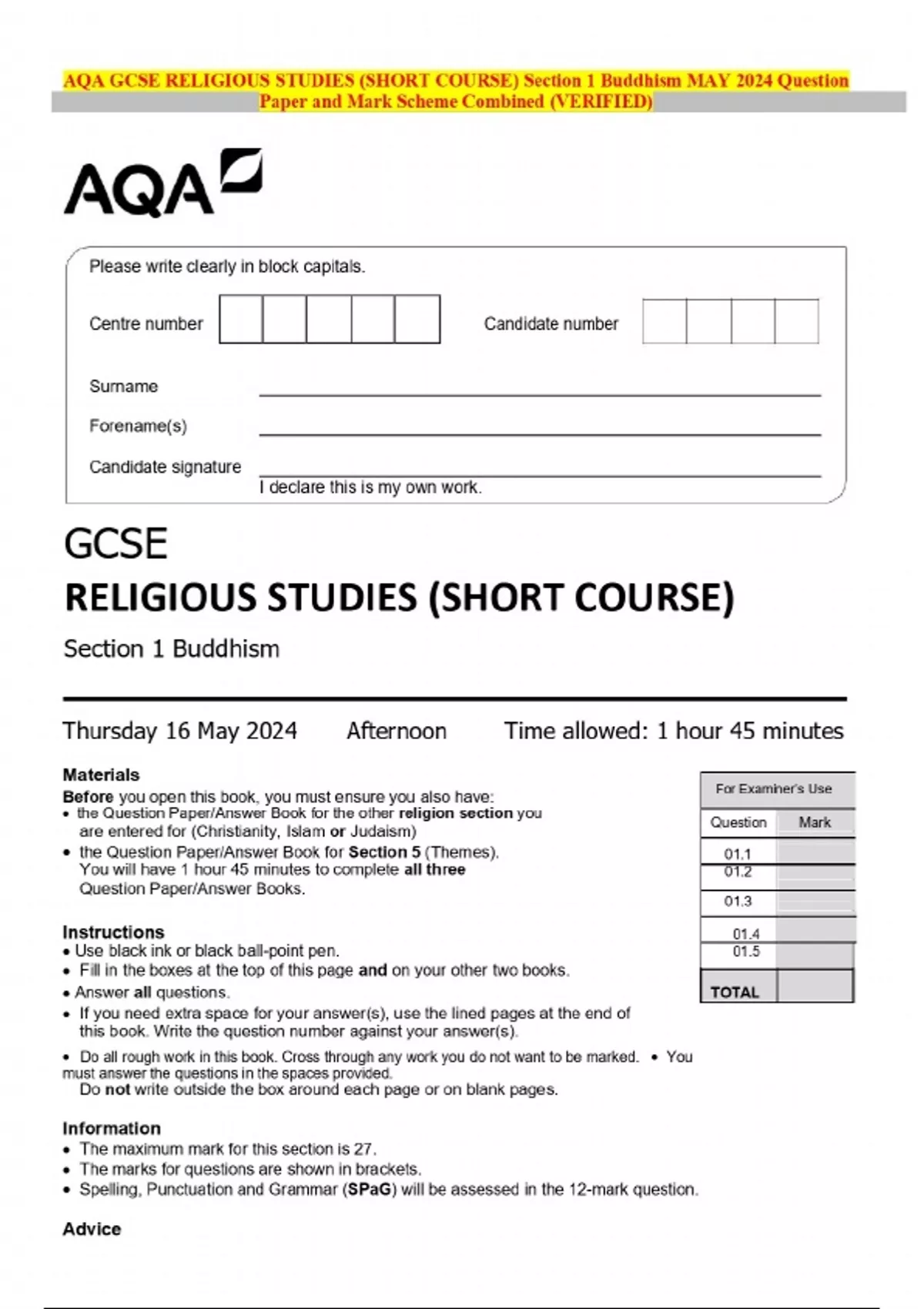 AQA GCSE RELIGIOUS STUDIES (SHORT COURSE) Section 1 Buddhism MAY 2024 ...