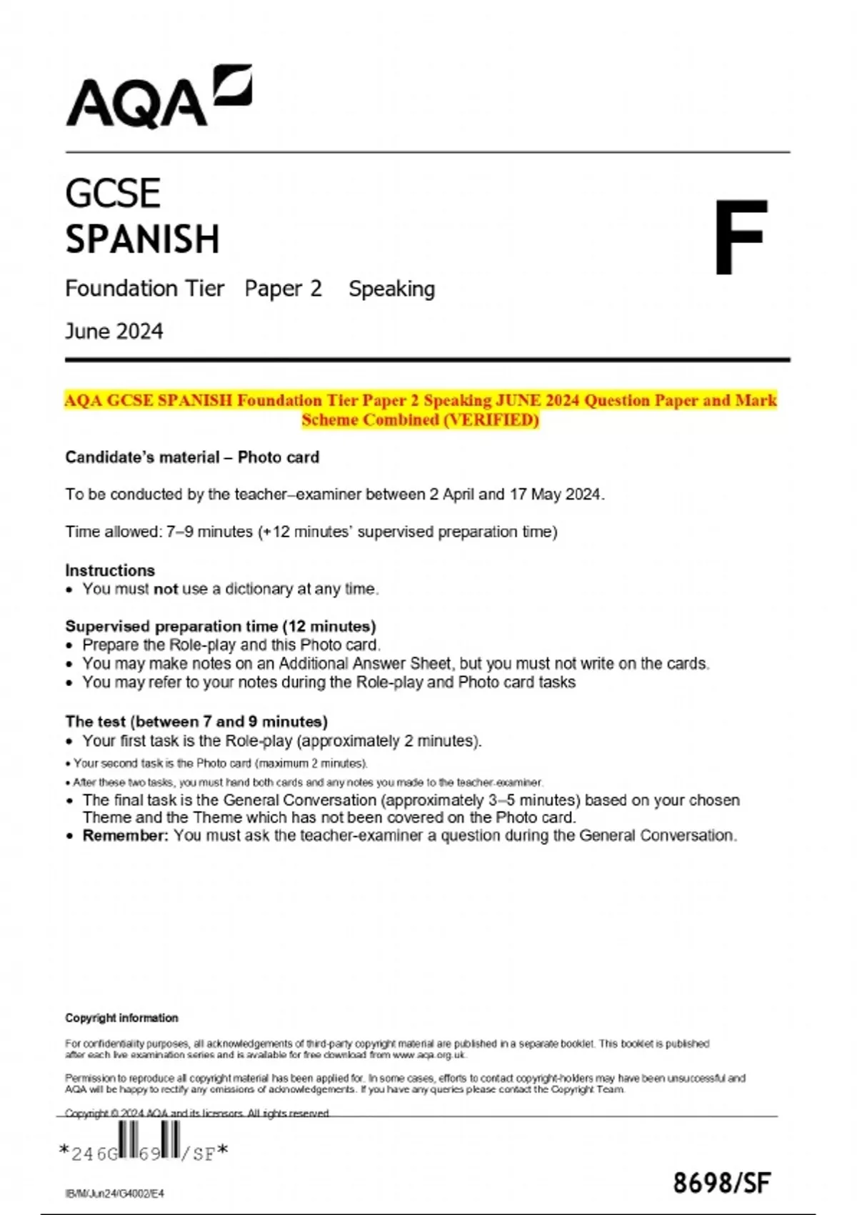 AQA GCSE SPANISH Foundation Tier Paper 2 Speaking JUNE 2024 Question ...