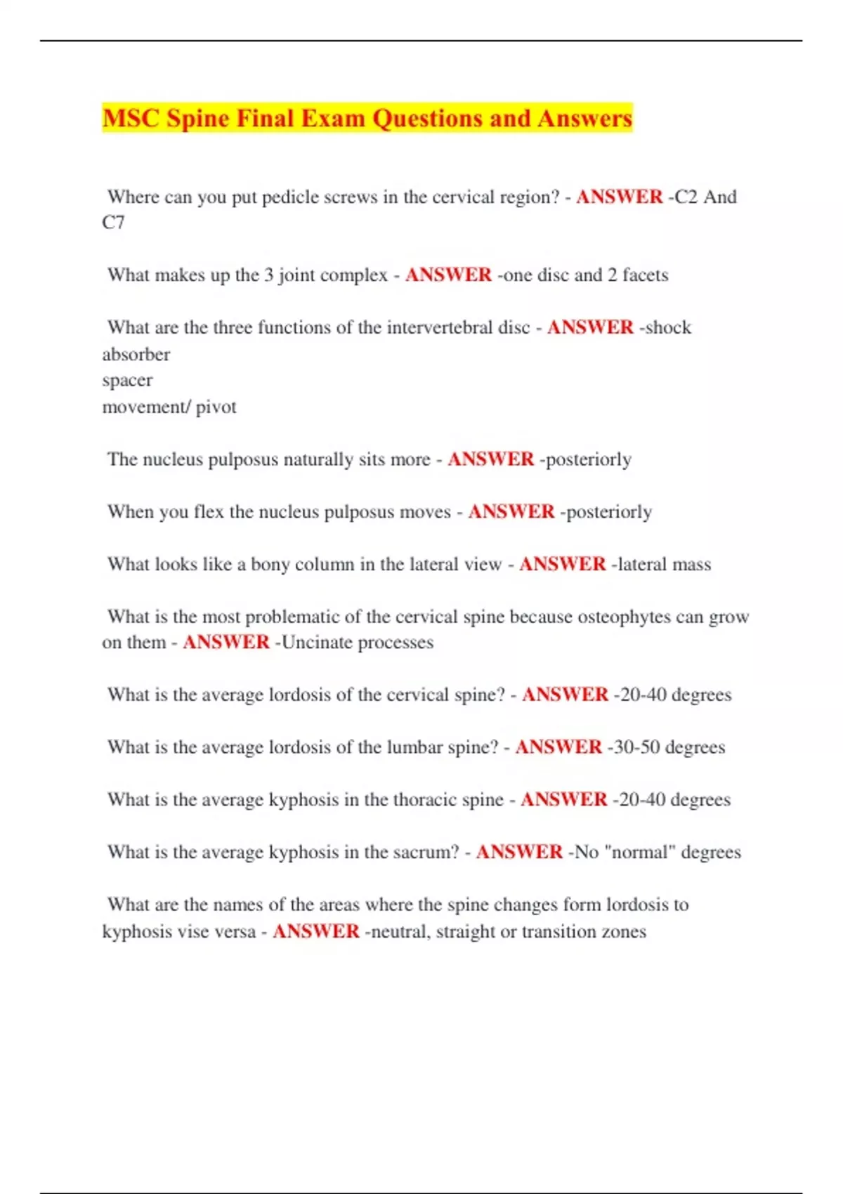 MSC Spine Final Exam Questions and Answers - MSC Spine - Stuvia US