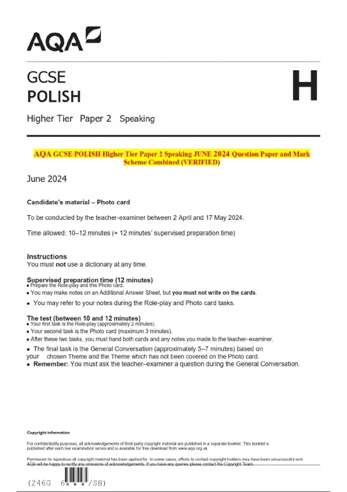 AQA GCSE POLISH Higher Tier Paper 2 Speaking JUNE 2024 Question Paper ...