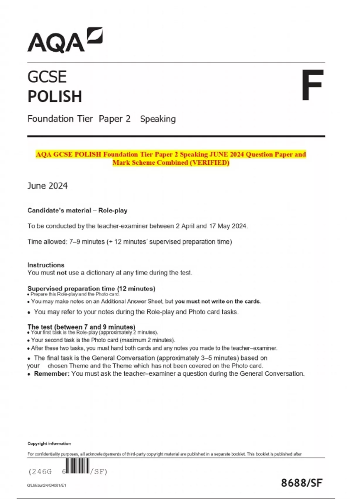 AQA GCSE POLISH Foundation Tier Paper 2 Speaking JUNE 2024 Question ...