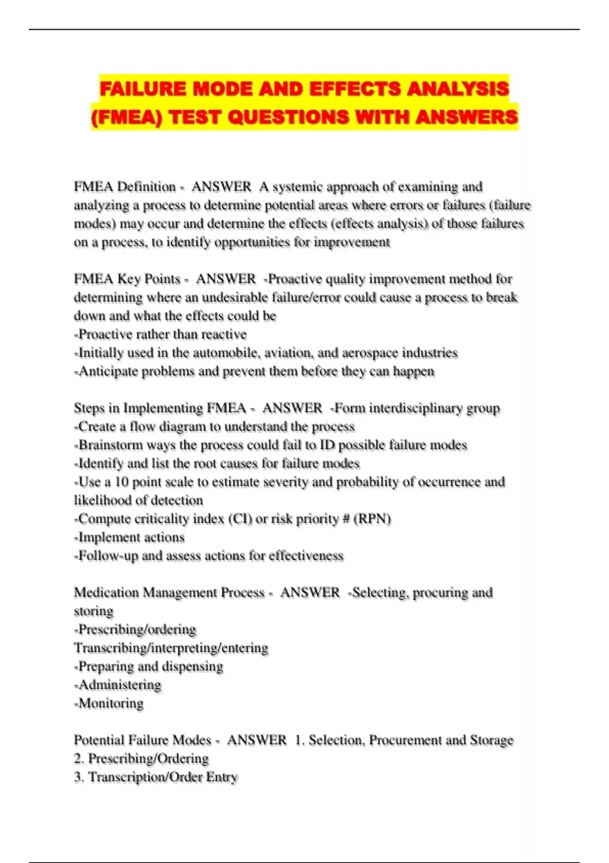 FAILURE MODE AND EFFECTS ANALYSIS (FMEA) TEST QUESTIONS WITH ANSWERS ...