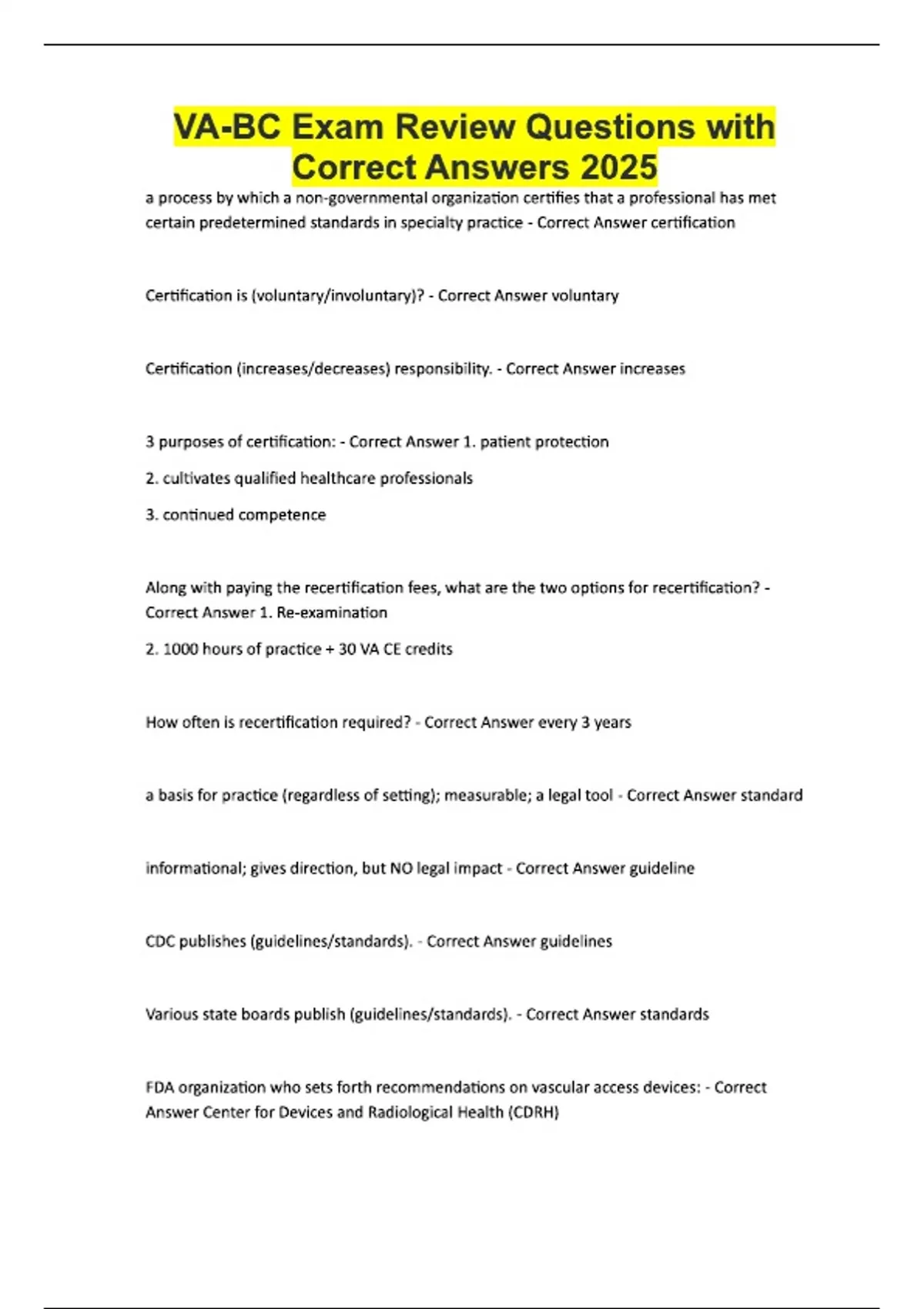 VA-BC Exam Review Questions with Correct Answers 2025 - VA-BC - Stuvia US