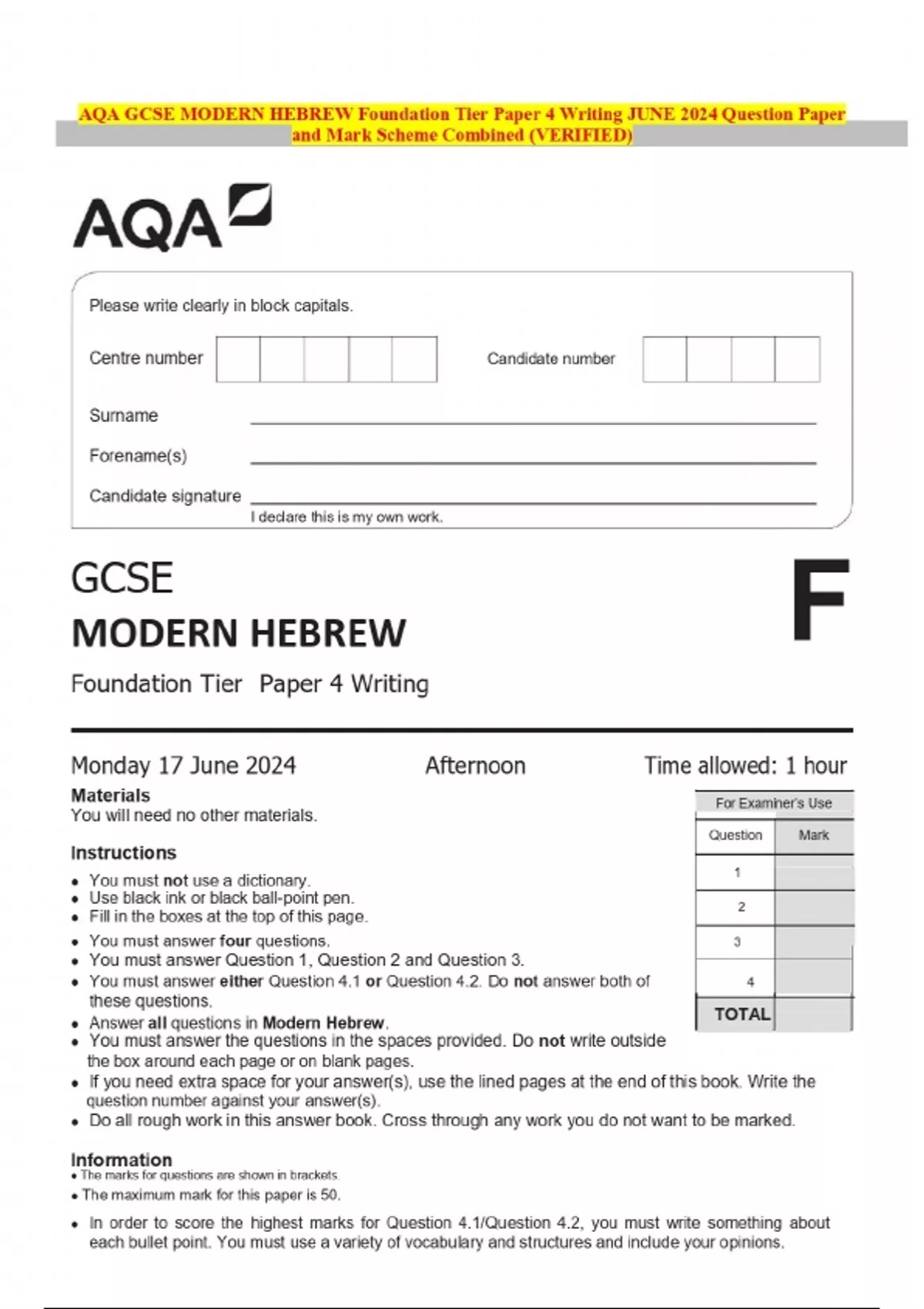 AQA GCSE MODERN HEBREW Foundation Tier Paper 4 Writing JUNE 2024 ...