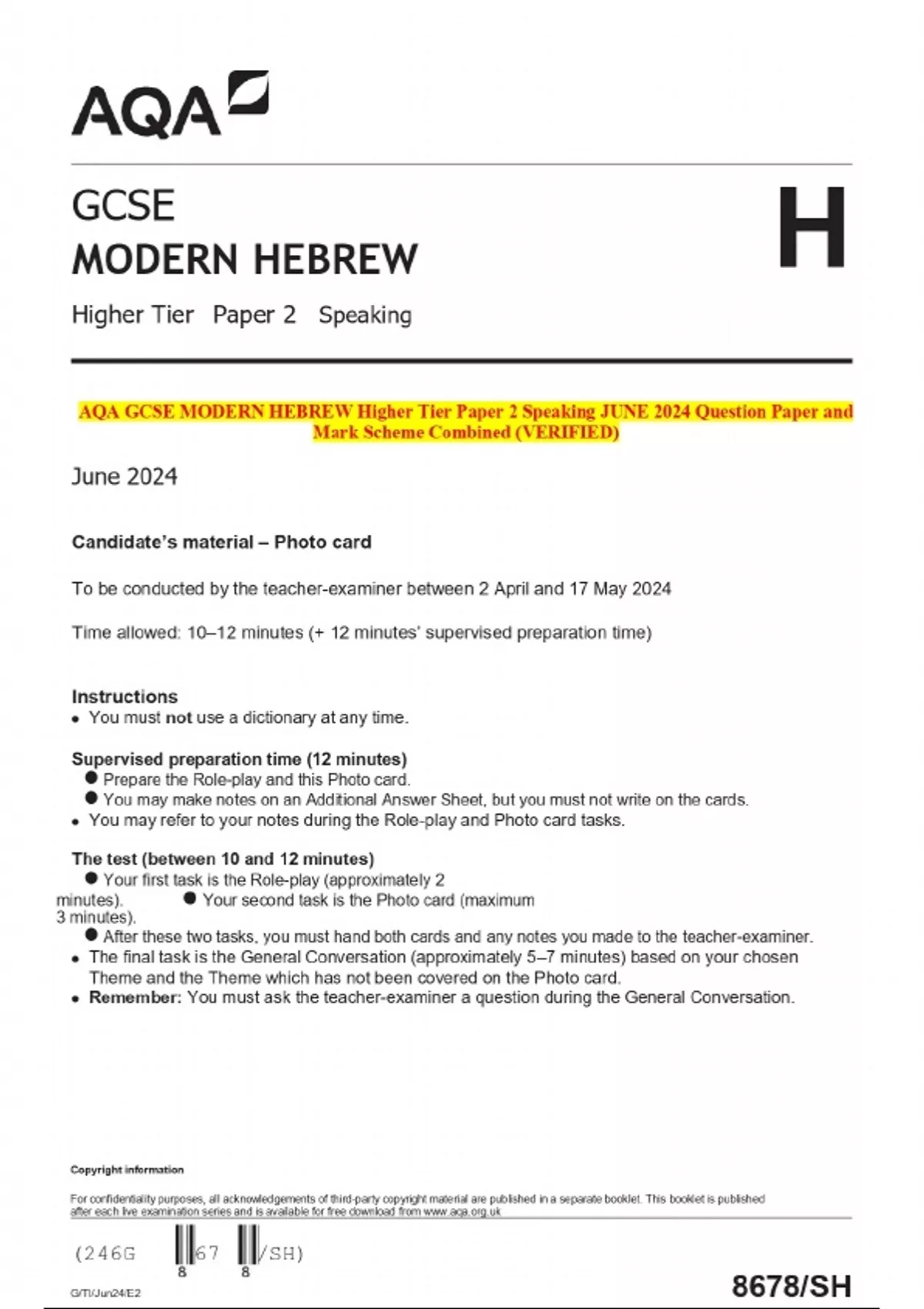 AQA GCSE MODERN HEBREW Higher Tier Paper 2 Speaking JUNE 2024 Question ...