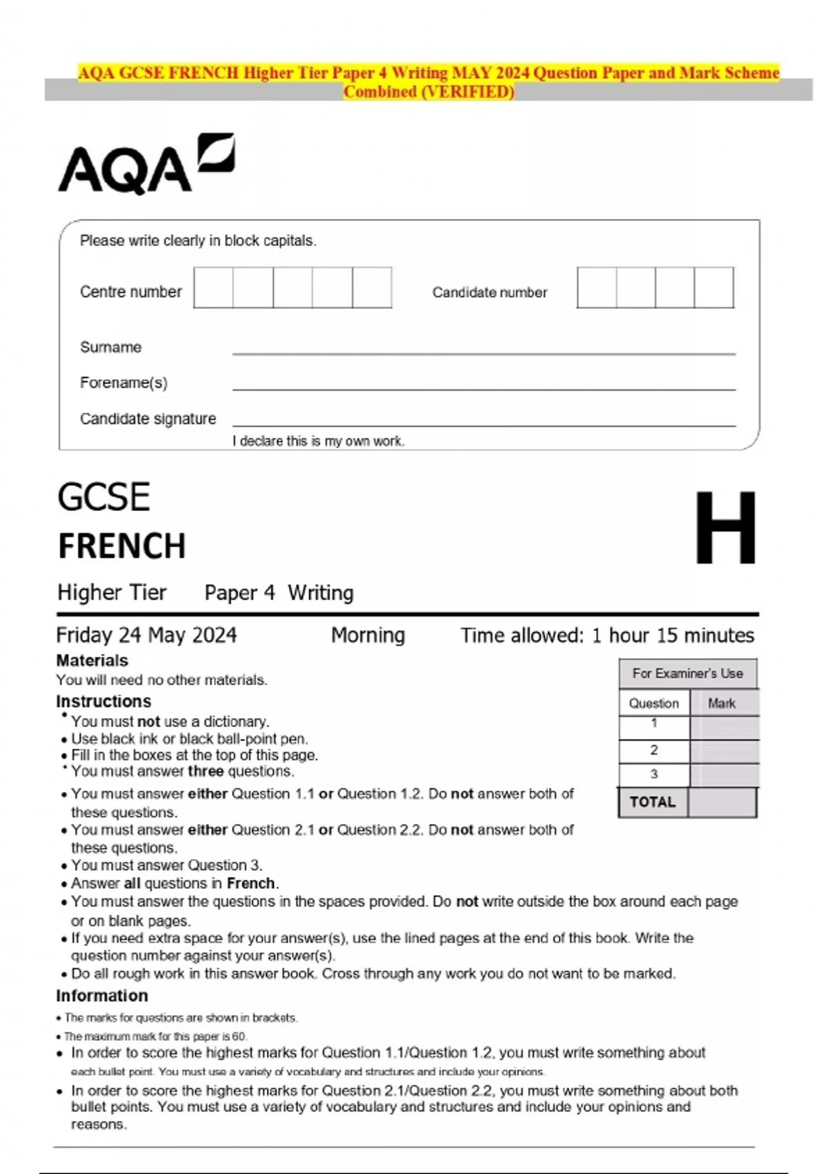 EXAMS BUNDLE::::AQA GCSE FRENCH Higher Tier | 2024 Question Papers and ...