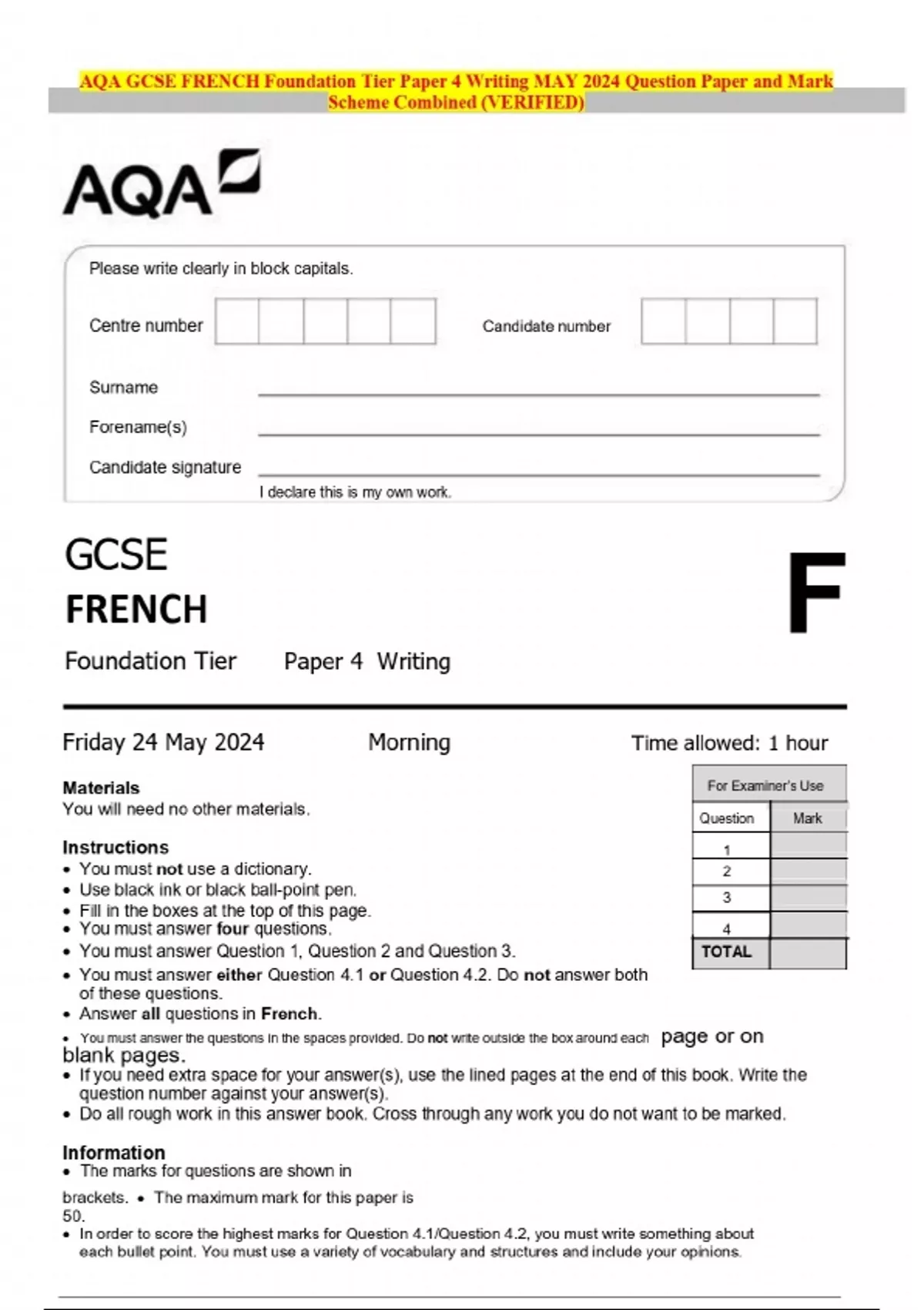 EXAMS BUNDLE::::AQA GCSE FRENCH Foundation Tier |2024 Question Papers ...