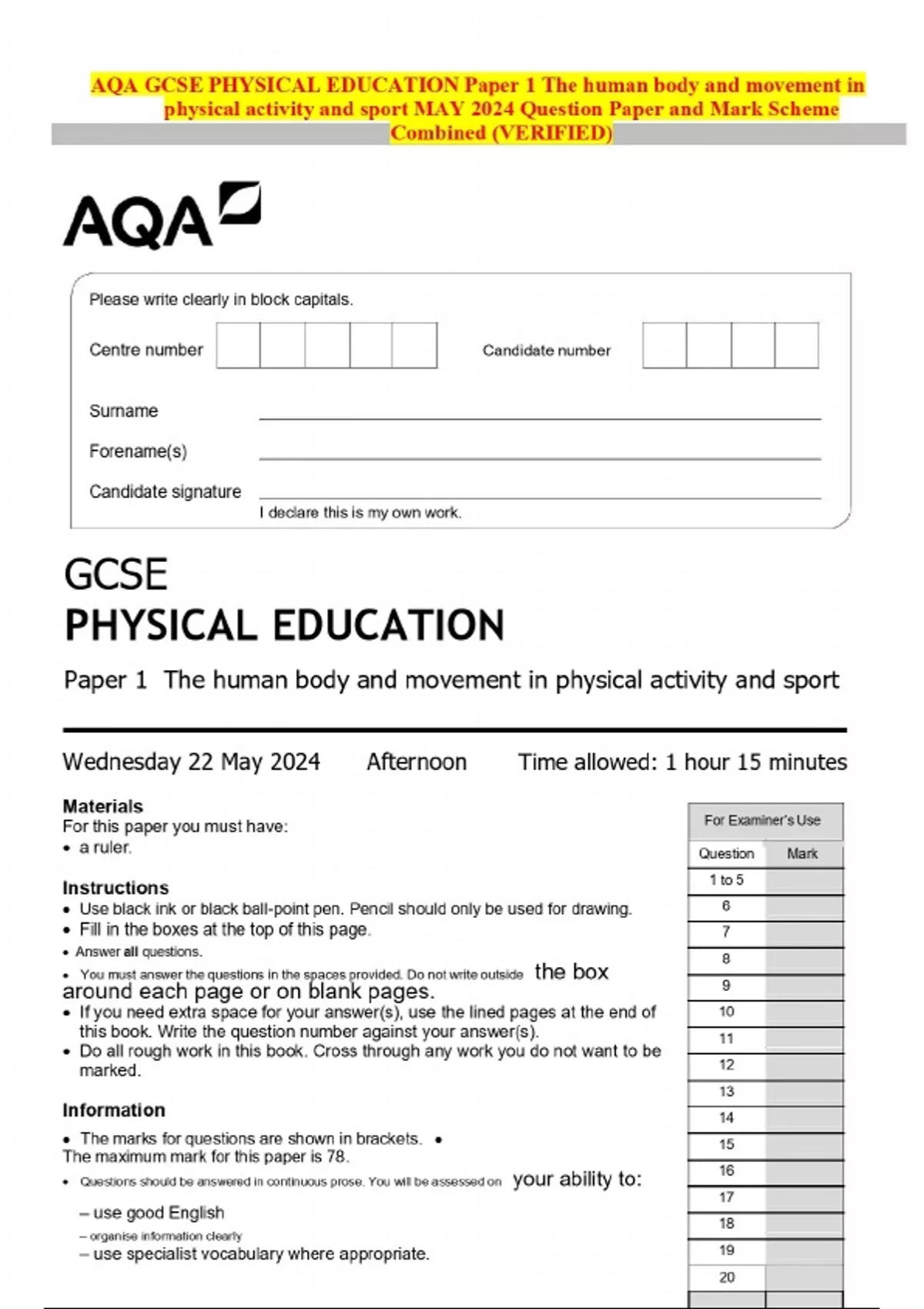 AQA GCSE PHYSICAL EDUCATION Paper 1 The human body and movement in ...