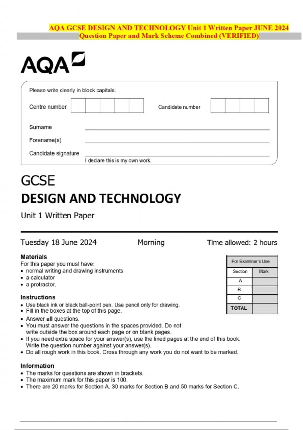 AQA GCSE DESIGN AND TECHNOLOGY Unit 1 Written Paper JUNE 2024 Question ...
