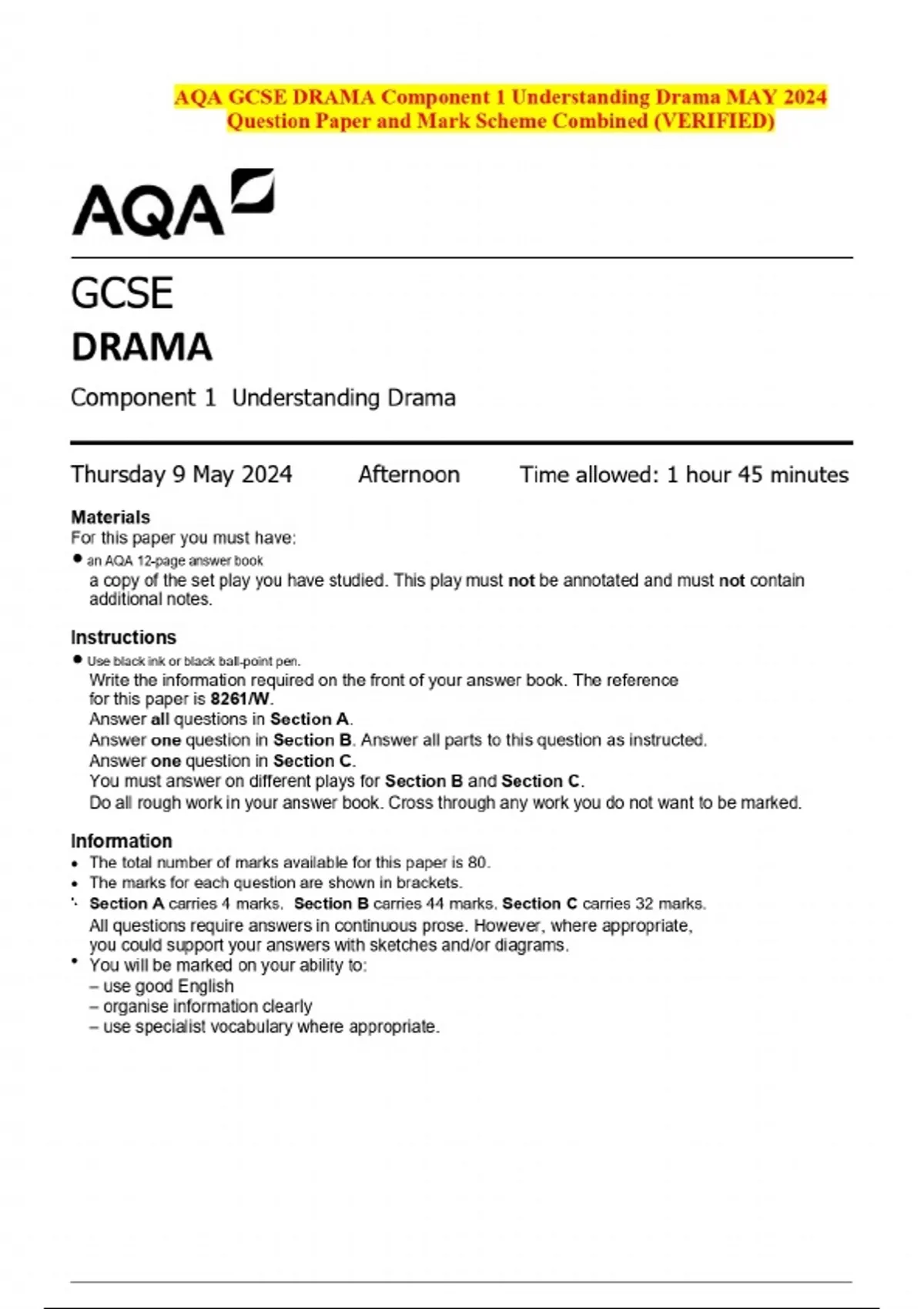 AQA GCSE DRAMA Component 1 Understanding Drama MAY 2024 Question Paper ...