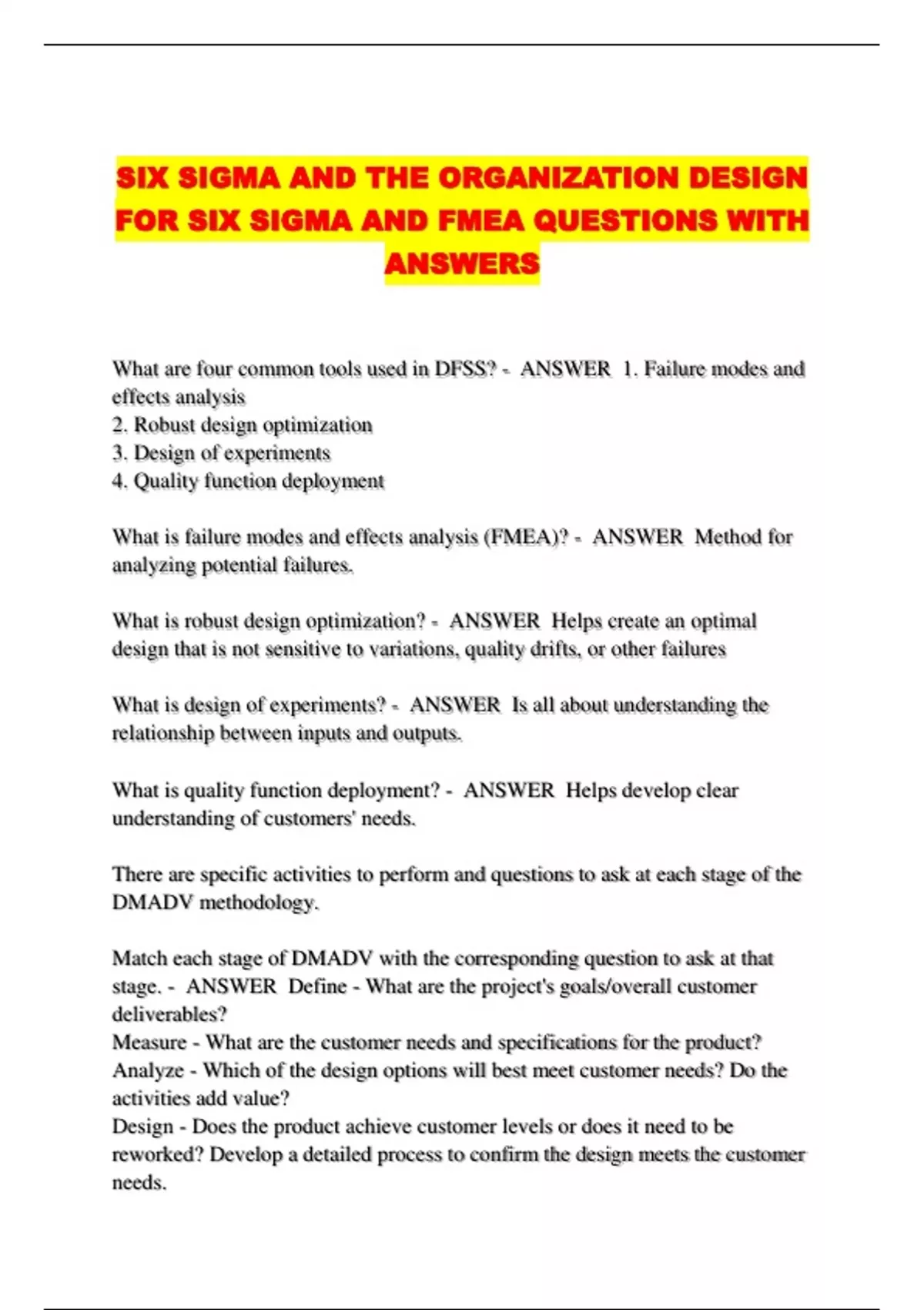 SIX SIGMA AND THE ORGANIZATION DESIGN FOR SIX SIGMA AND FMEA QUESTIONS WITH ANSWERS - FMEA ...
