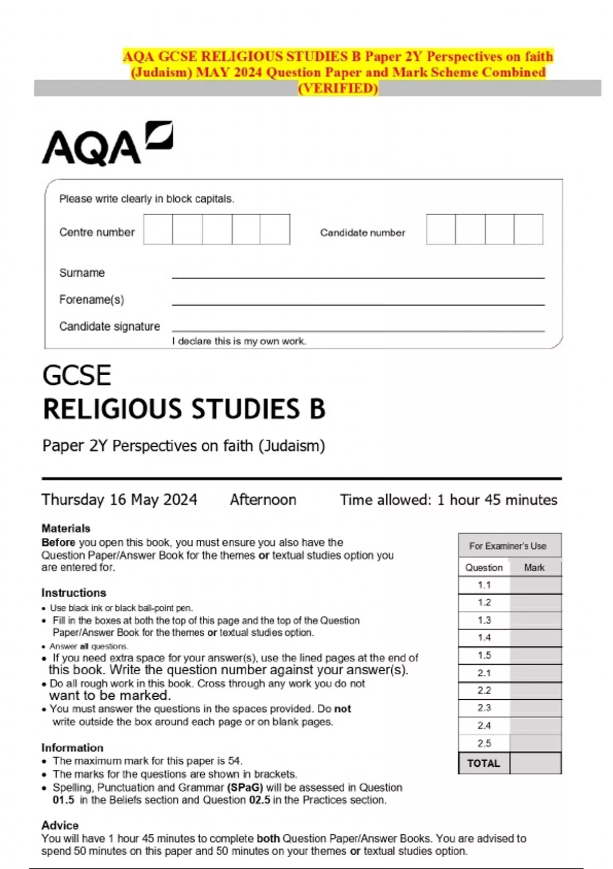 EXAMS BUNDLE::::AQA GCSE RELIGIOUS STUDIES B | 2024 Question Papers and ...