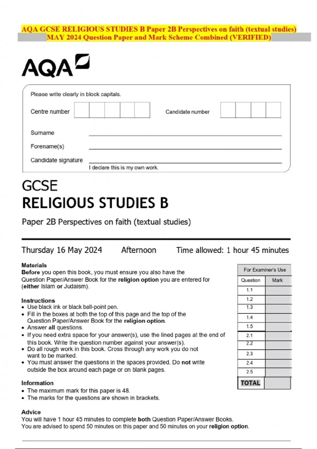 AQA GCSE RELIGIOUS STUDIES B Paper 2B Perspectives on faith (textual ...