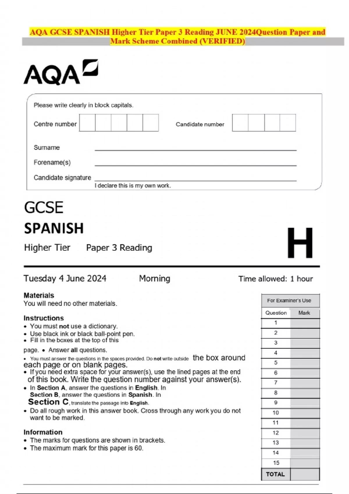 AQA GCSE SPANISH Higher Tier Paper 3 Reading JUNE 2024Question Paper ...