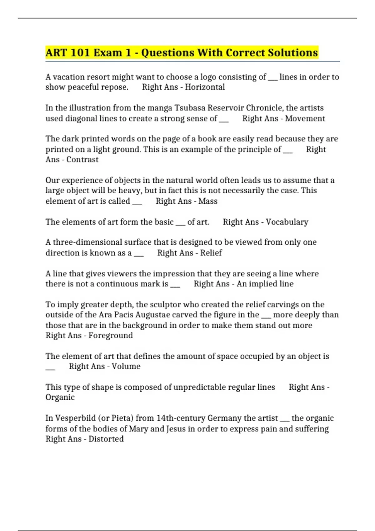 ART 101 Exam 1 - Questions With Correct Solutions - ART 101 - Stuvia US