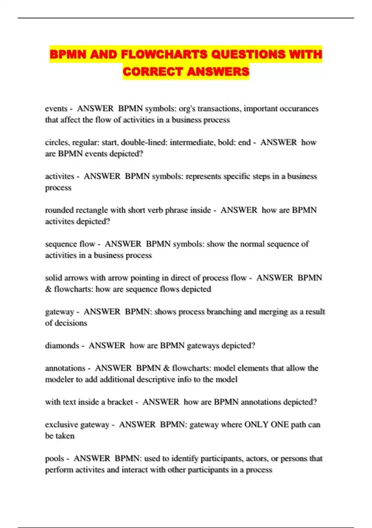 BPMN AND FLOWCHARTS QUESTIONS WITH CORRECT ANSWERS - BPMN AND FLOWCHARTS - Stuvia UK
