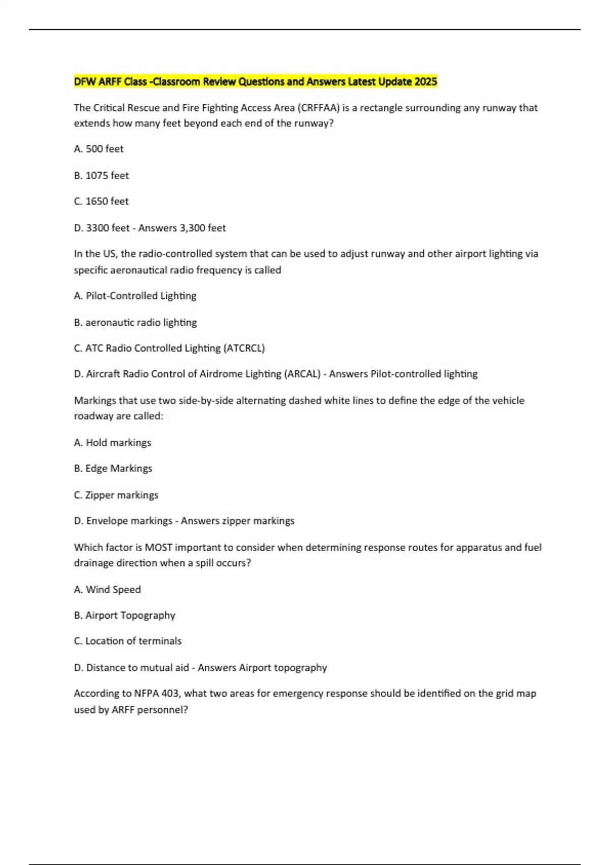 DFW ARFF Class -Classroom Review Questions and Answers Latest Update ...