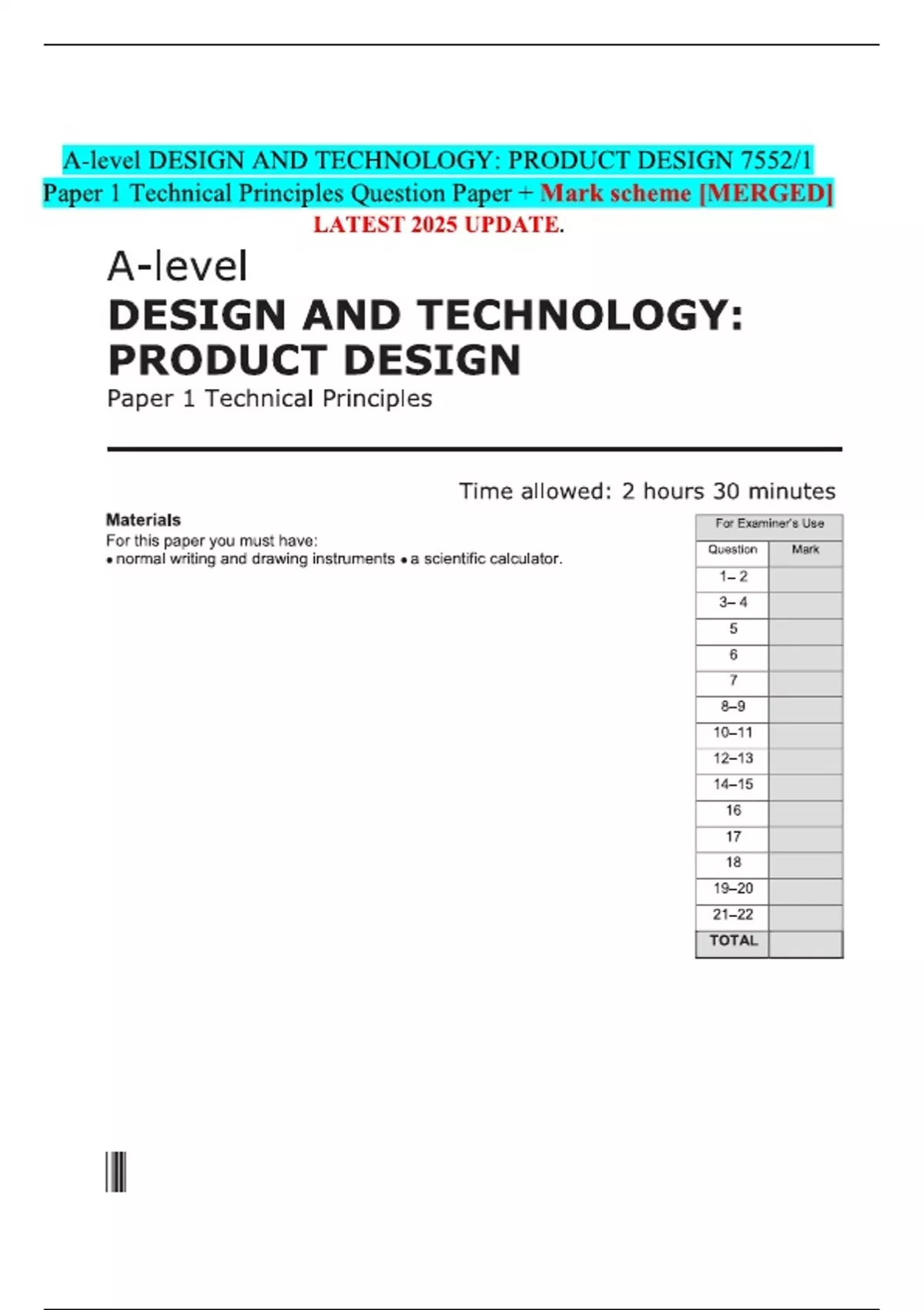A-level DESIGN AND TECHNOLOGY: PRODUCT DESIGN 7552/1 Paper 1 Technical ...