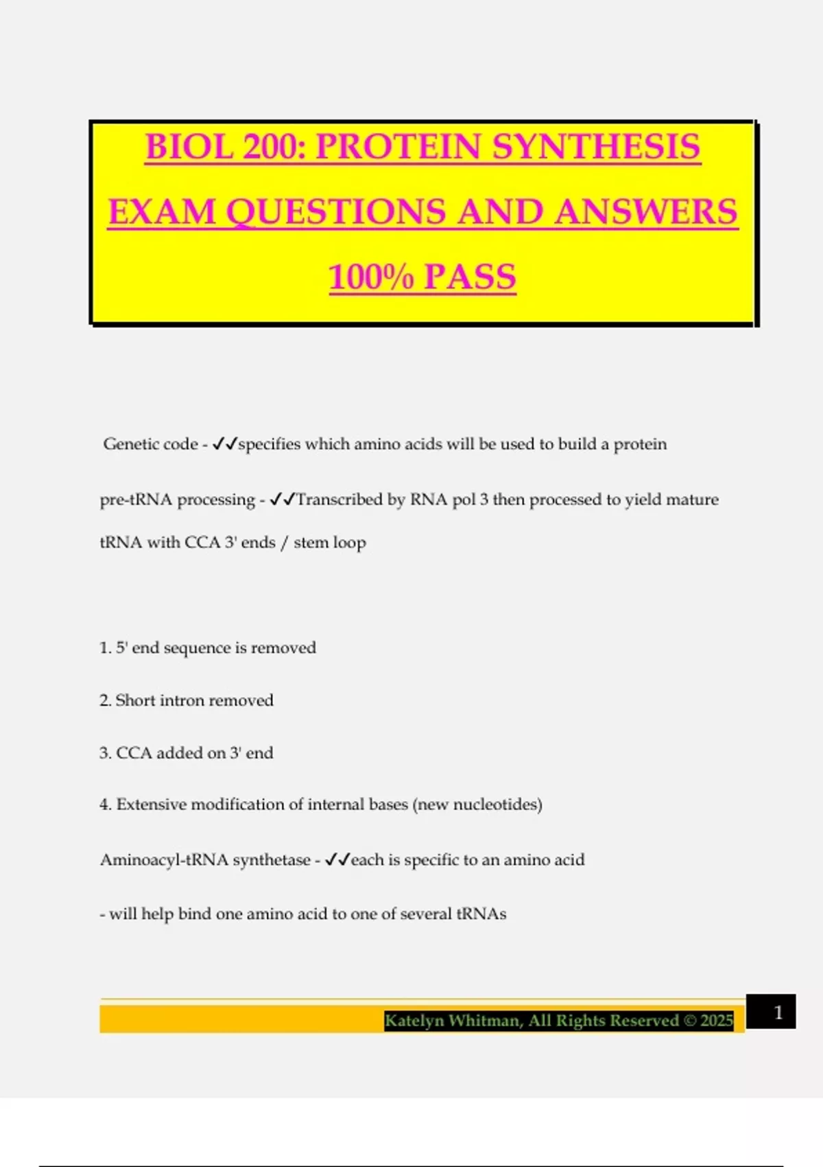 BIOL 200: PROTEIN SYNTHESIS EXAM QUESTIONS AND ANSWERS 100% PASS - BIOL ...