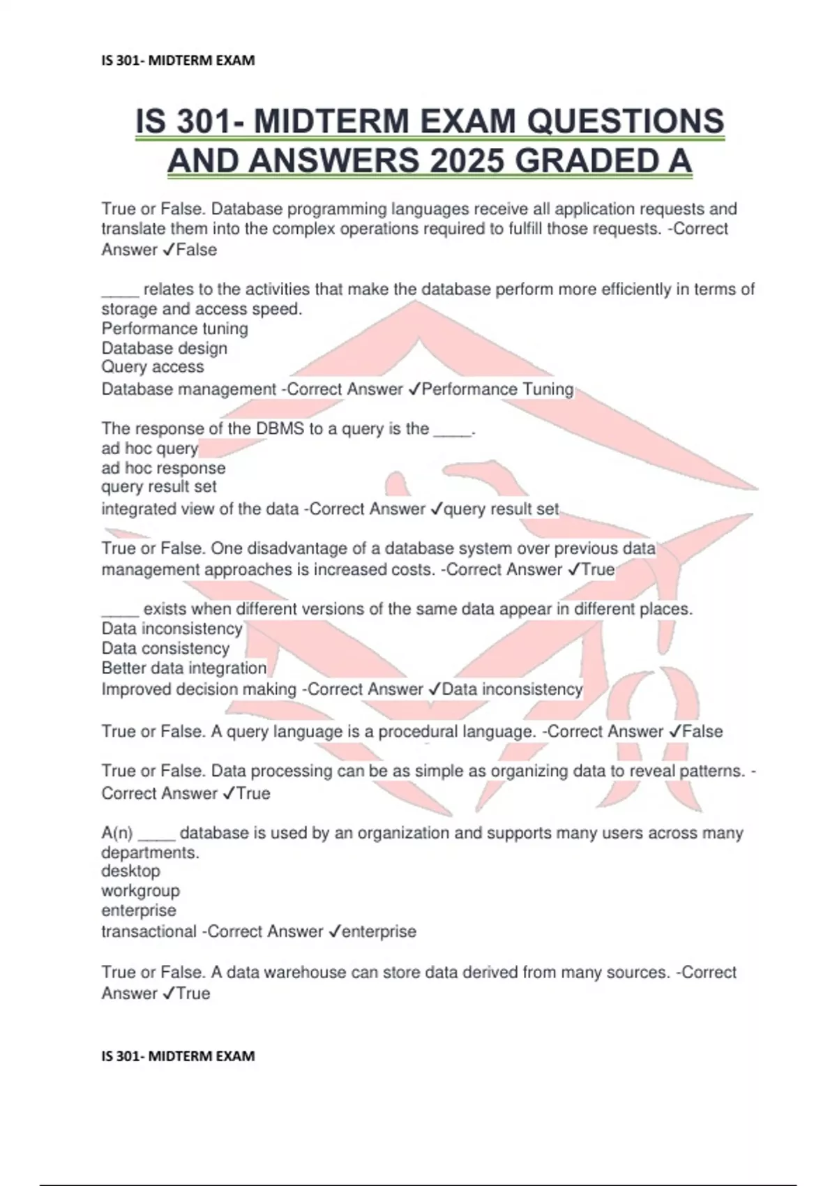 IS 301- MIDTERM EXAM QUESTIONS AND ANSWERS 2025 GRADED A - IS 301 - Stuvia US