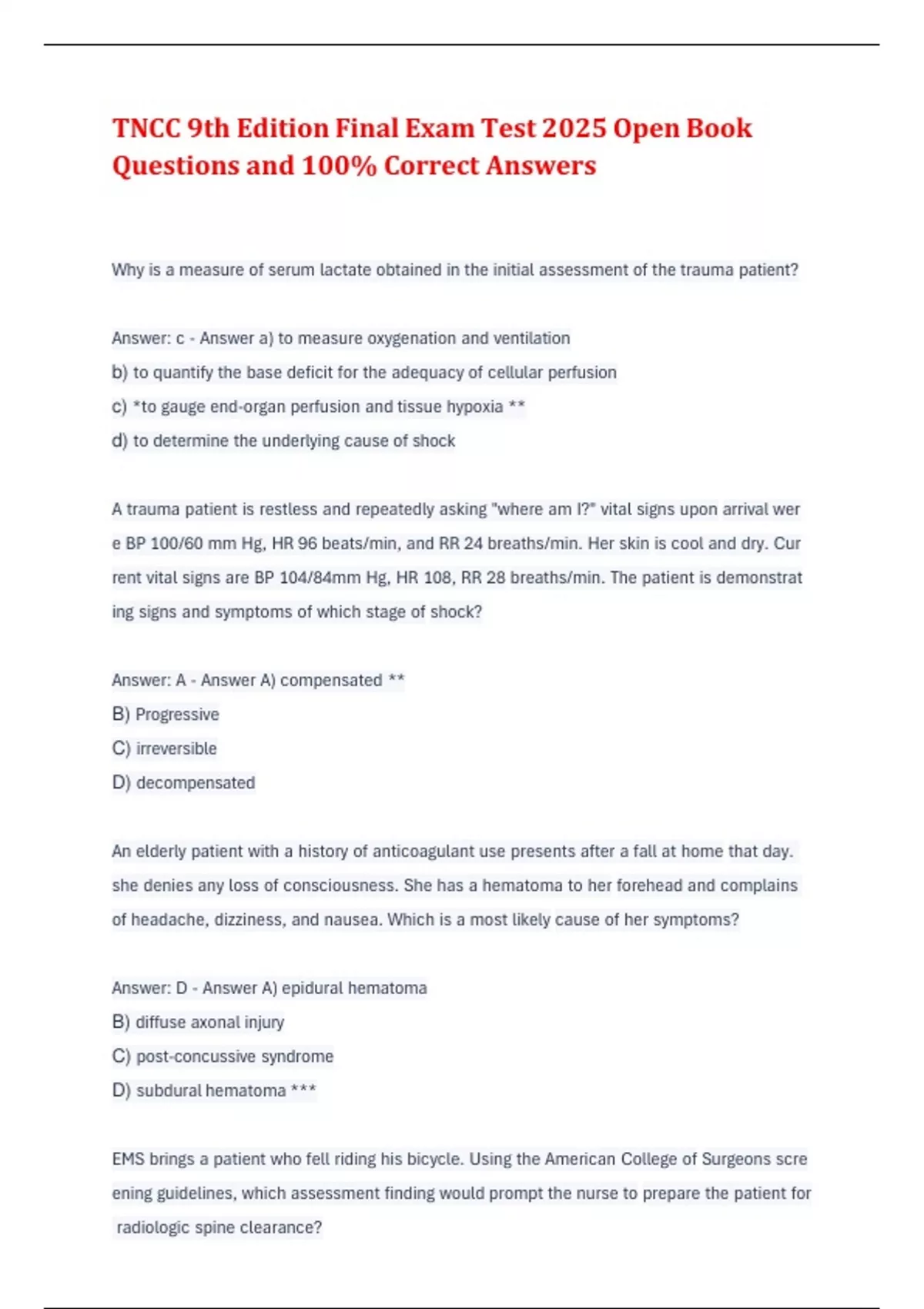 TNCC 9th Edition Final Exam Test 2025 Open Book Questions and 100% ...