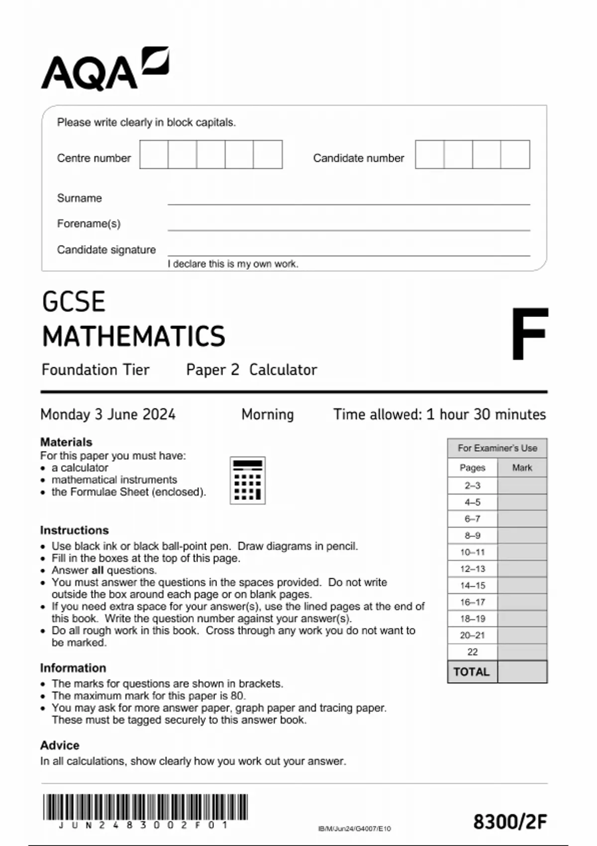 AQA GCSE MATHEMATICS QUESTION PAPER 2024 (Foundation Tier Paper 2 ...