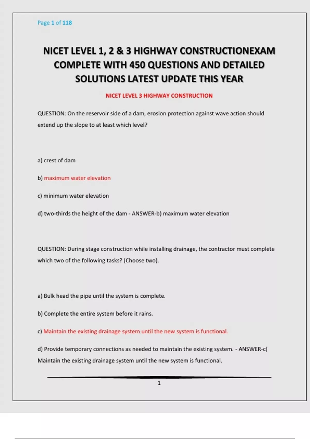 NICET LEVEL 1, 2 & 3 HIGHWAY CONSTRUCTION EXAM COMPLETE WITH 450 ...