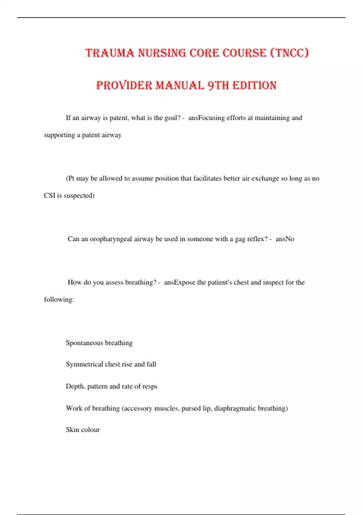 Trauma Nursing Core Course (TNCC) Provider Manual 9th Edition - Trauma - Stuvia US