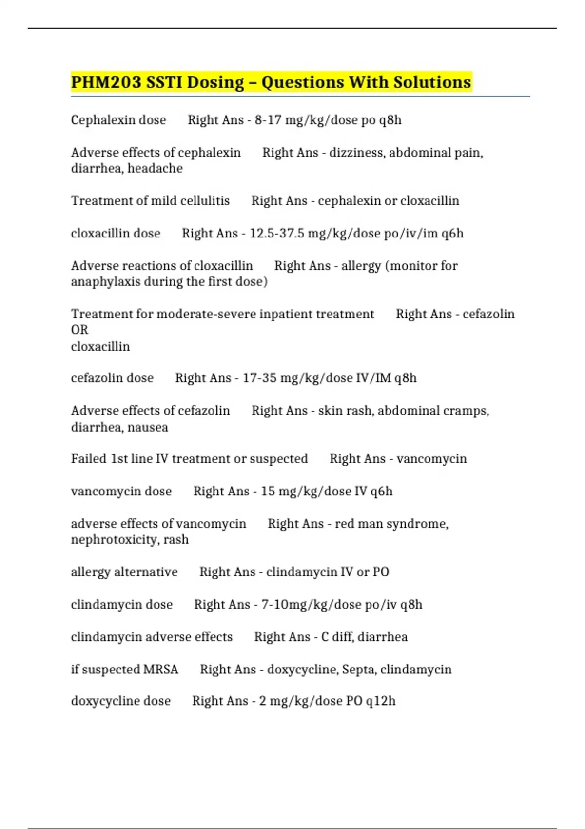 PHM203 SSTI Dosing – Questions With Solutions - PHM203 - Stuvia US