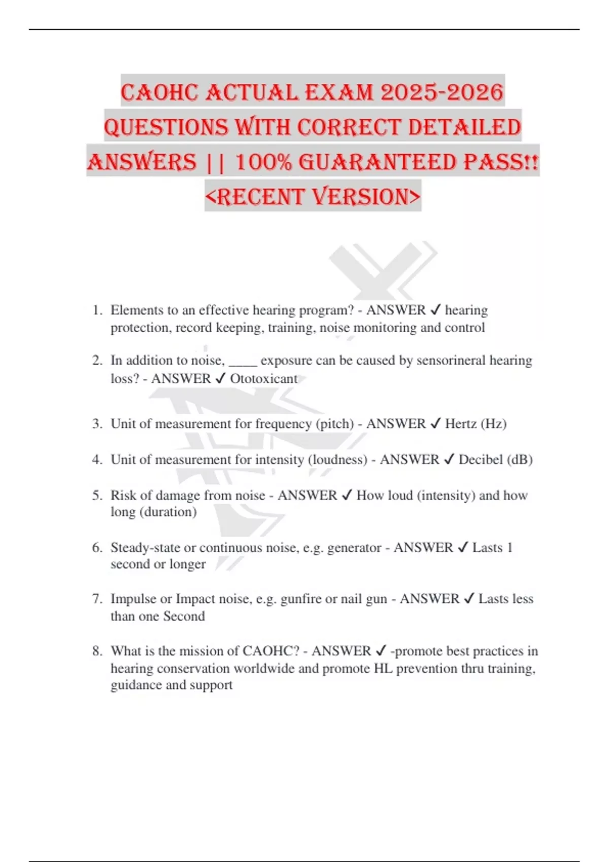 CAOHC ACTUAL EXAM QUESTIONS WITH CORRECT DETAILED ANSWERS || 100% ...