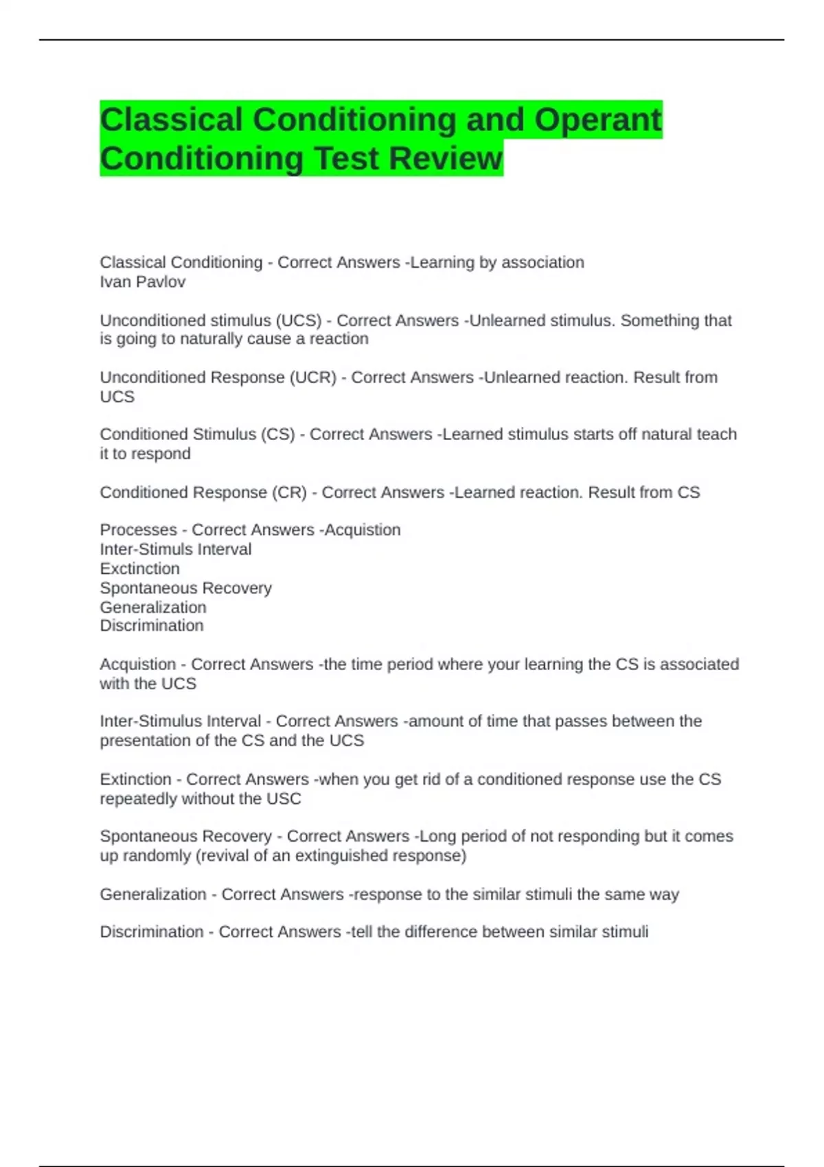 Classical Conditioning and Operant Conditioning Test Review Questions ...