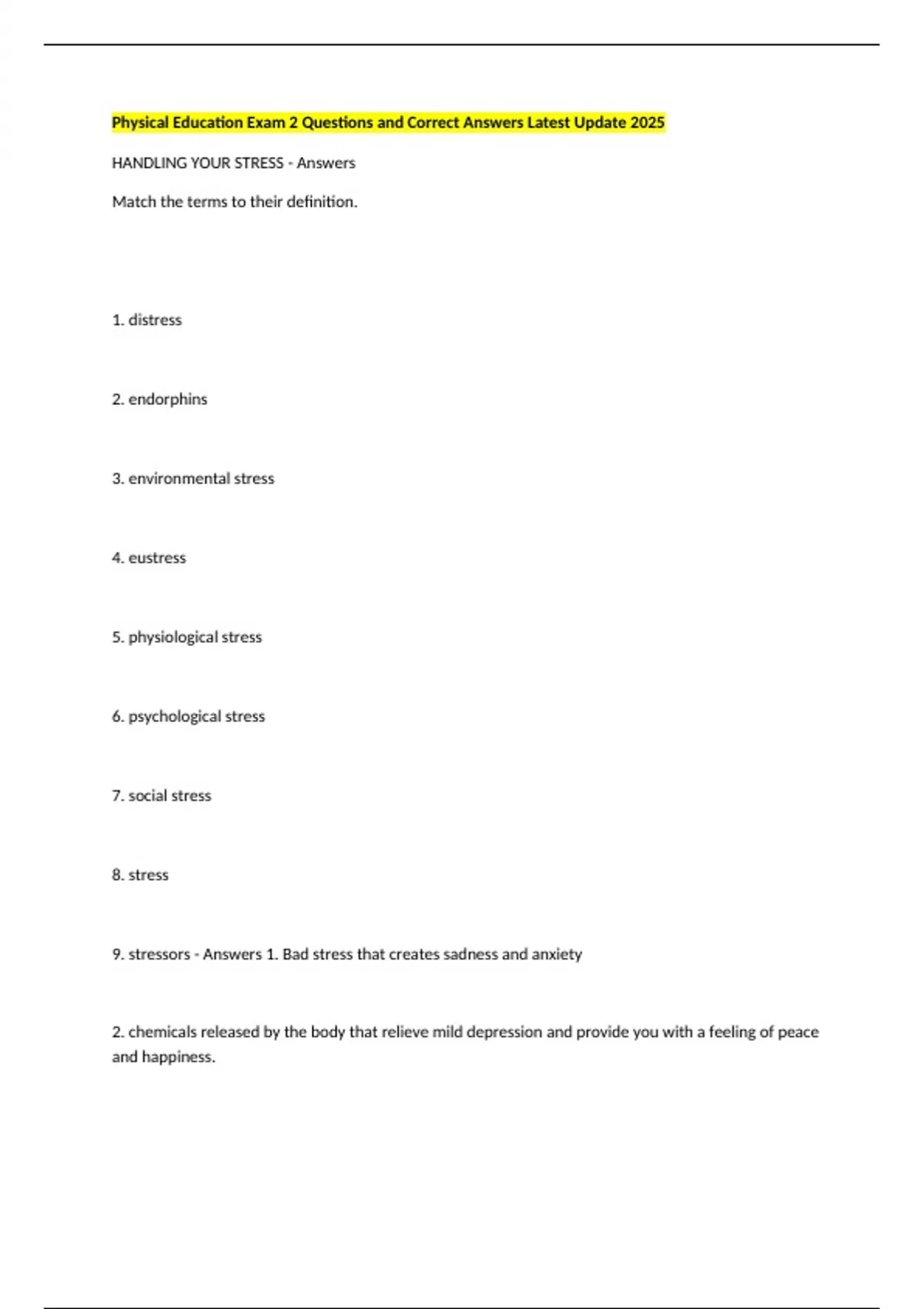 Physical Education Exam 2 Questions and Correct Answers Latest Update ...
