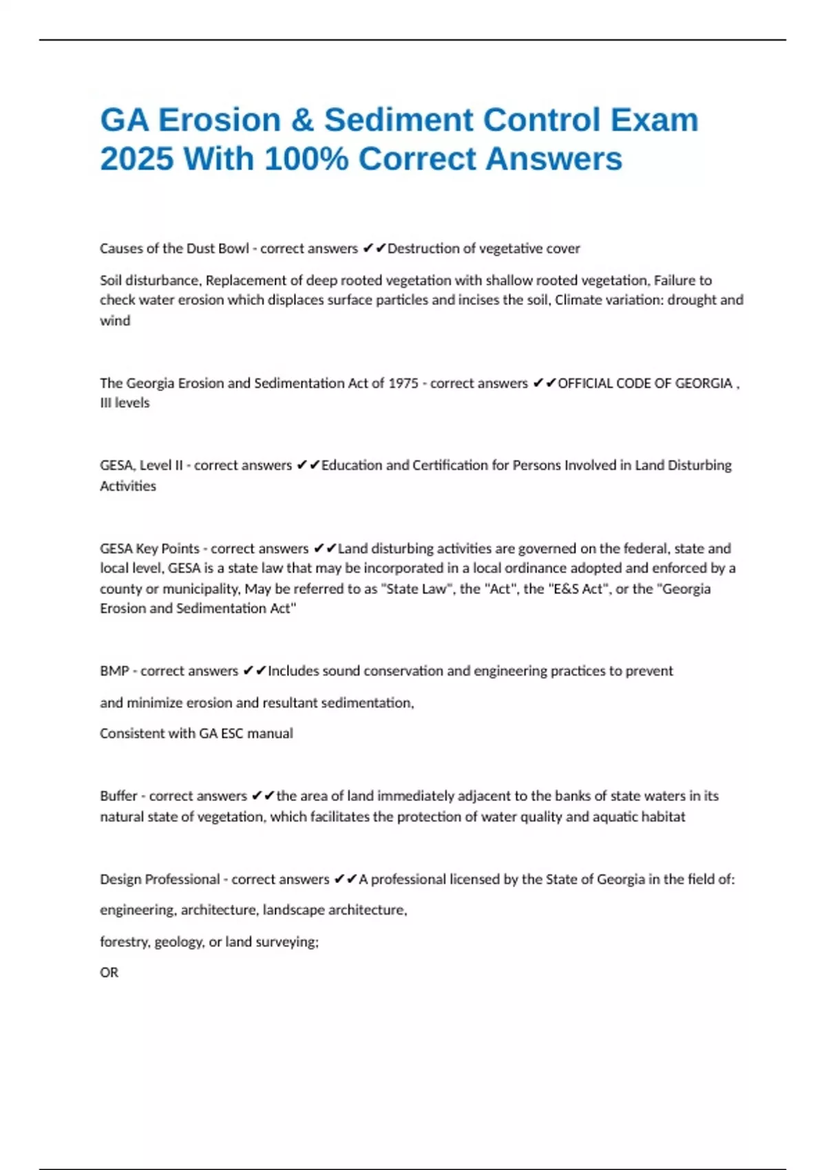 GA Erosion & Sediment Control Exam 2025 With 100% Correct Answers - GA ...