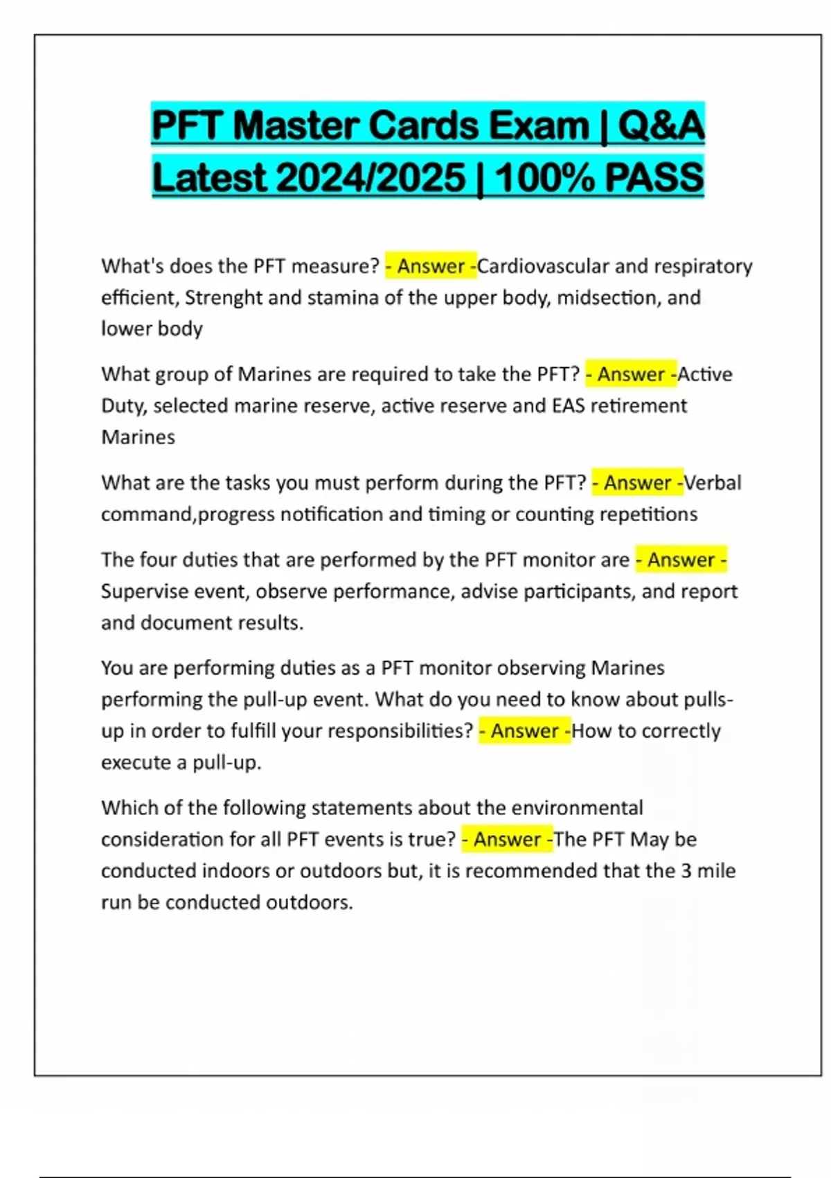 PHYSICAL FITNESS - PFT PACKAGE DEAL EXAMS | QUESTIONS AND CORRECT ...