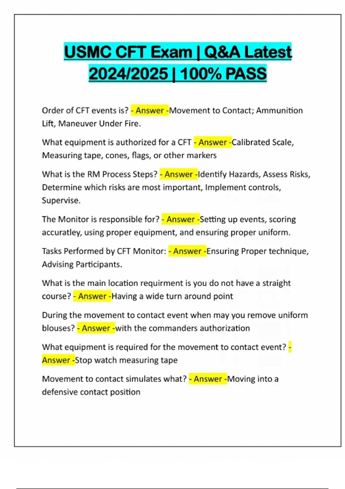 USMC CFT Exam | Q&A Latest 2024/2025 | 100% PASS - Usmc - Stuvia US